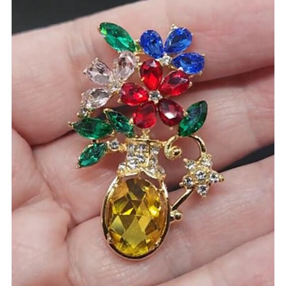 Jewelry | Dainty Faux Jewel Flower Vase Brooch Colorful Stones Cheerful ...